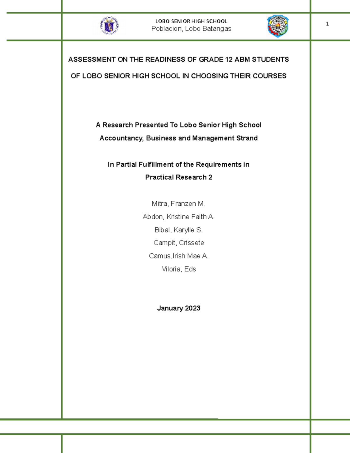Assessment of Grade 12 ABM Students' Course Readiness in PR2 - Studocu