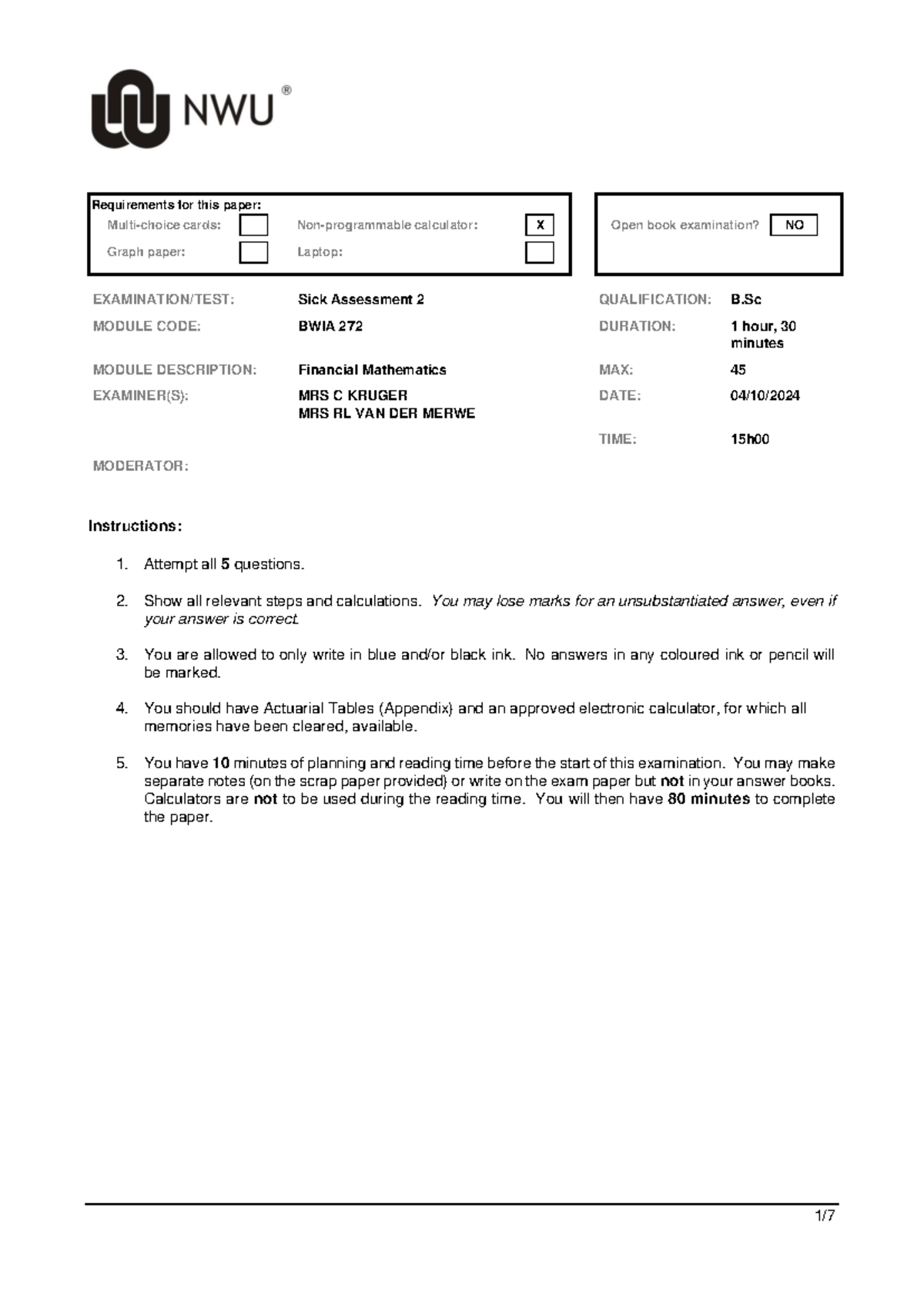 BWIA 272 Financial Mathematics Sick Assessment 2 Guidelines - Studocu