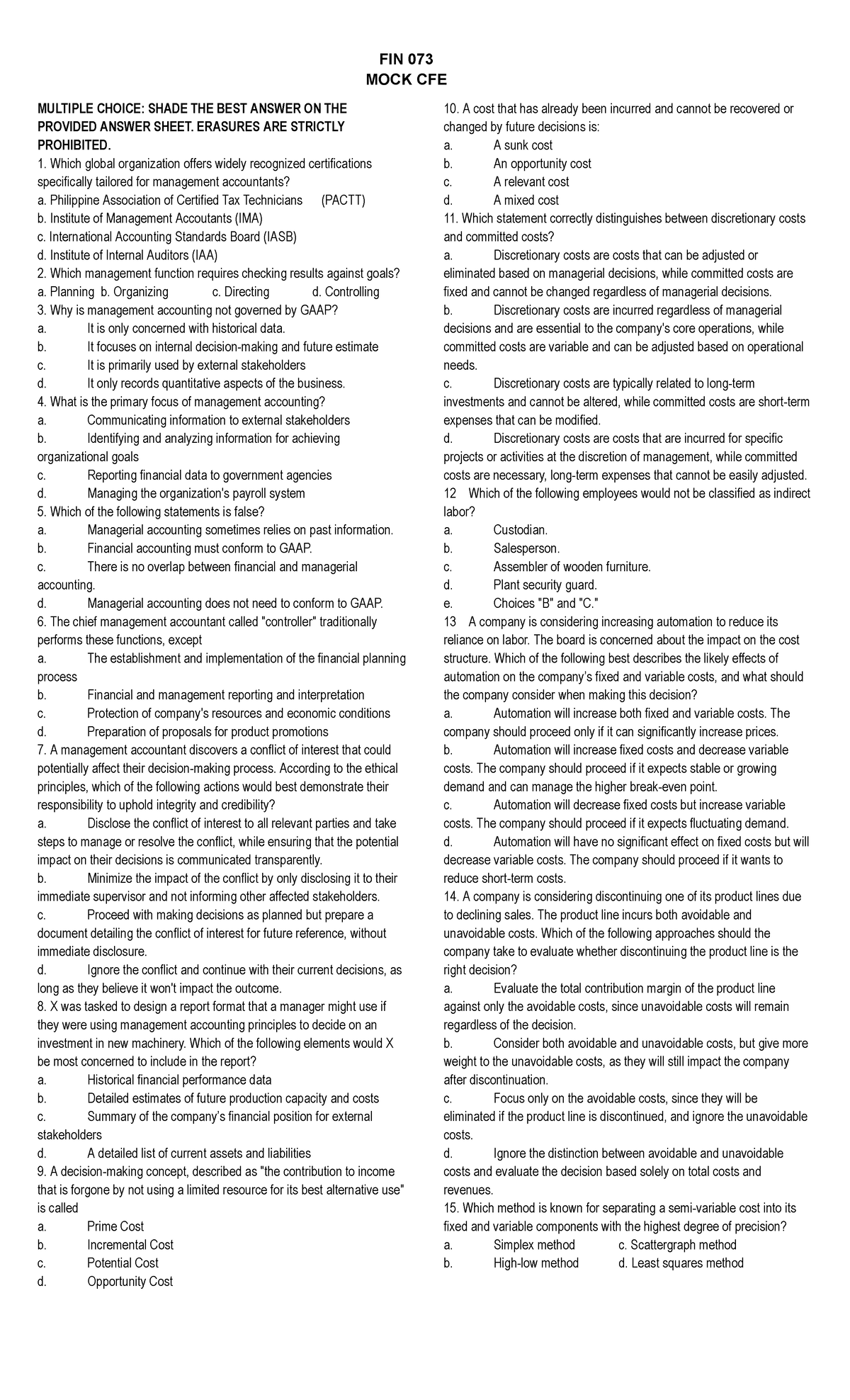 FIN 073 MOCK CFE TP - padayon - MOCK CFE MULTIPLE CHOICE: SHADE THE BEST ANSWER ON THE PROVIDED ...