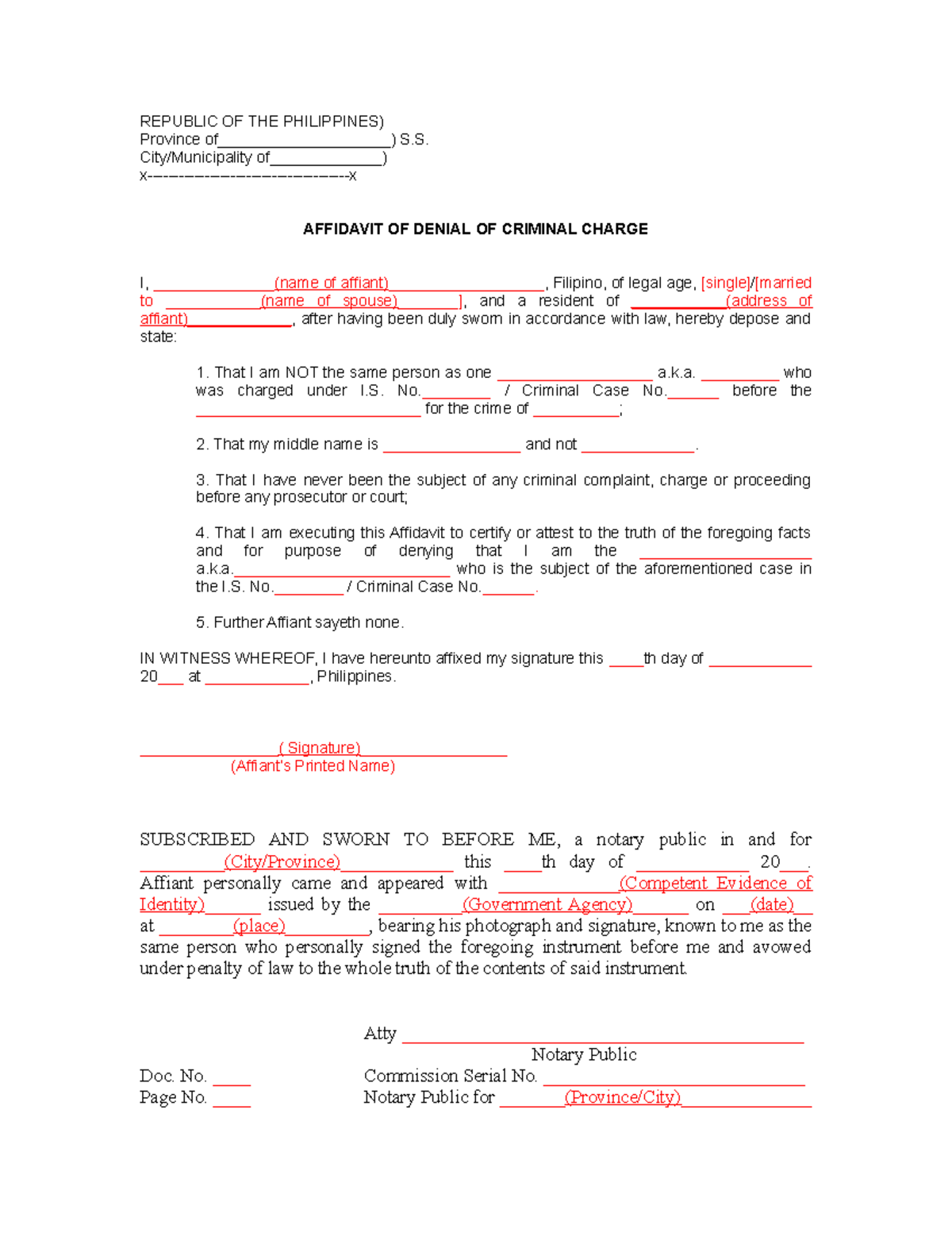 Affidavit of Denial of Criminal Charge - REPUBLIC OF THE PHILIPPINES ...