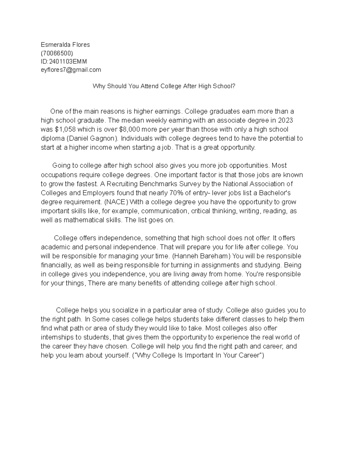 Argumentative Essay - The Importance of Attending College (70066500 ...