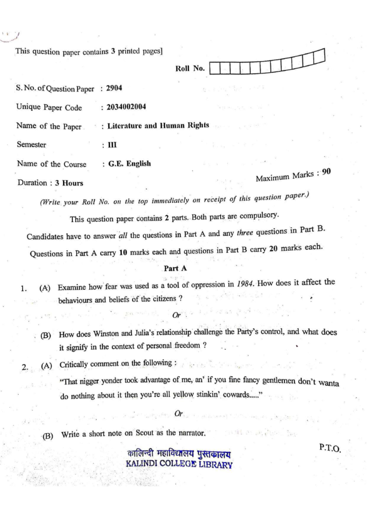 G.E. English Literature & Human Rights Exam Paper - 2904 - Studocu