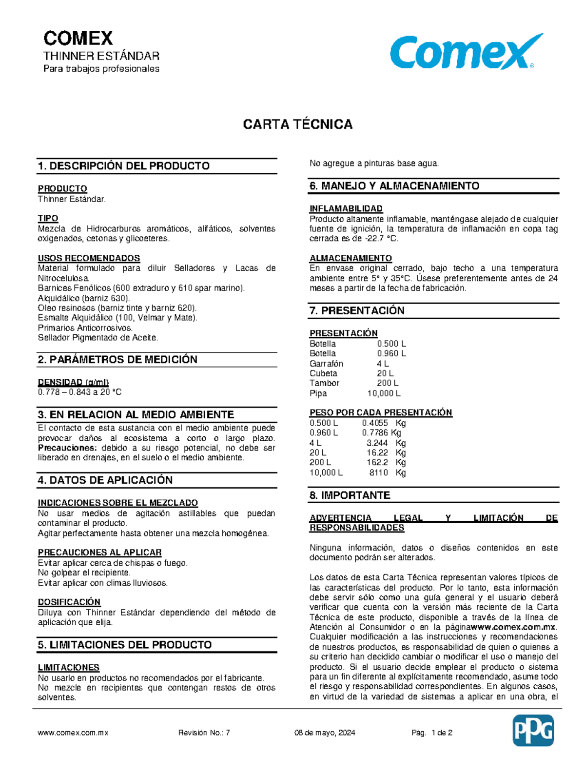 Ct Comex-Thinner-Estándar - COMEX THINNER ESTÁNDAR Para trabajos profesionales CARTA TÉCNICA ...