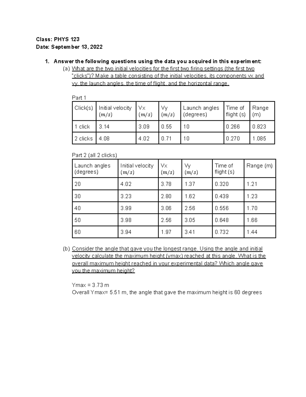 PHYS 123 Lab #2 - Experiment Data & Analysis on Velocities and Ranges ...