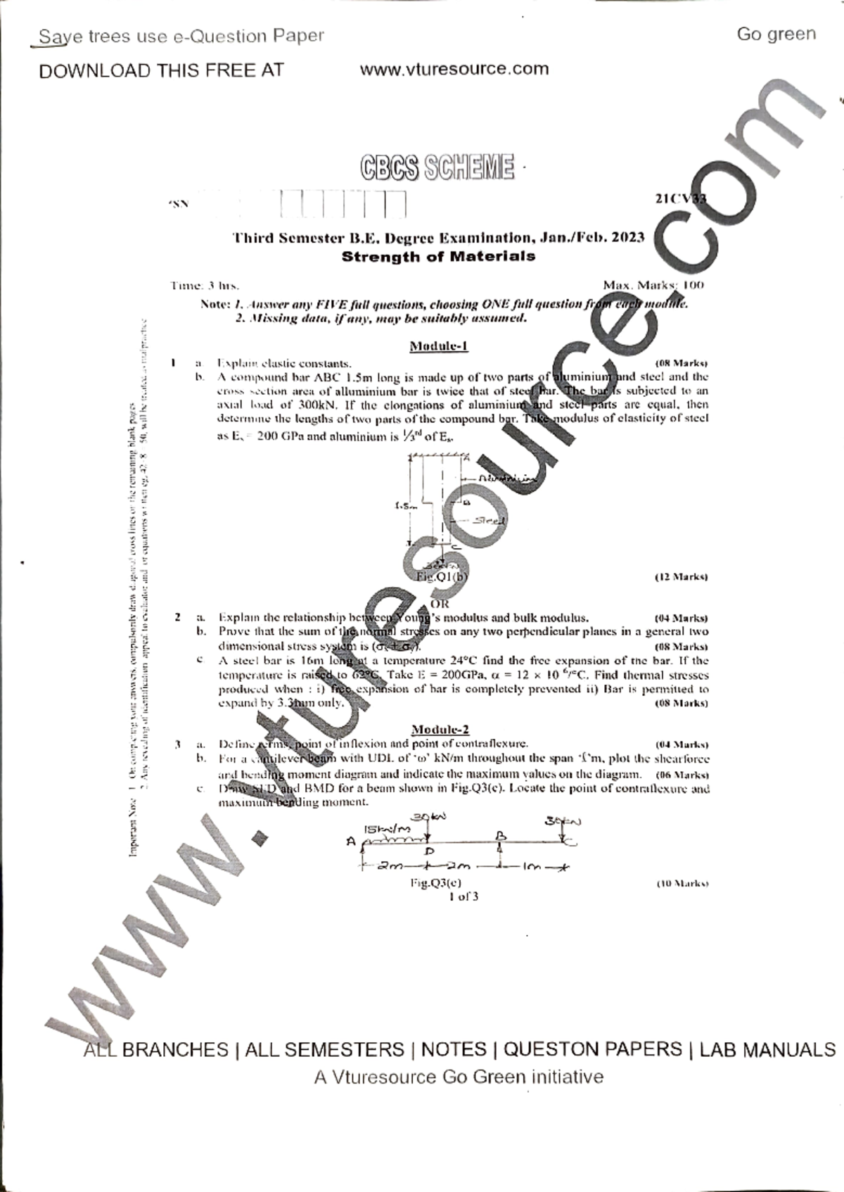 Solved Question Paper on Strength of Materials (BCV301) - AY 23-24 ...