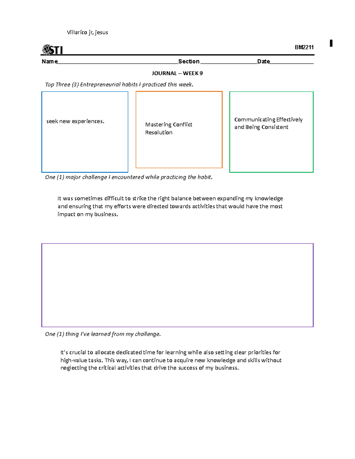 08 Journal 1 - For entrep - Name Section Date JOURNAL – WEEK 9 Top Three (3) Entrepreneurial ...