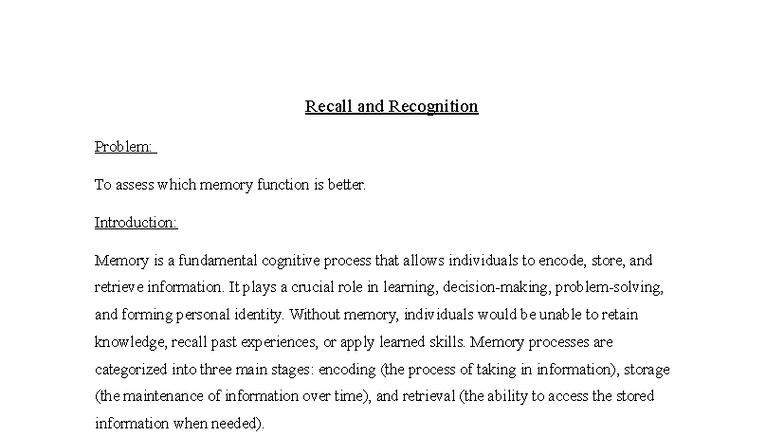Memory Functions: Recall vs. Recognition Analysis (Psych 101) - Studocu