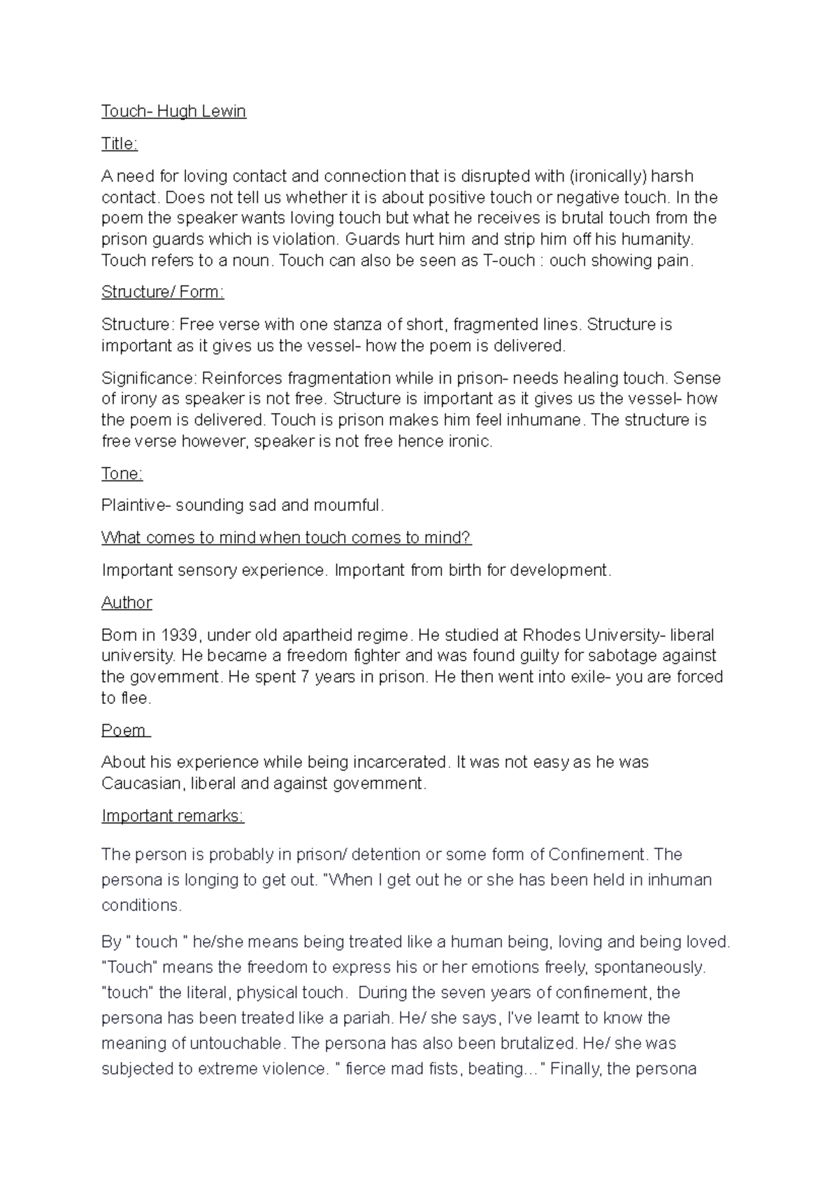 Touch: Analyzing the Poem by Hugh Lewin on Human Connection - Studocu