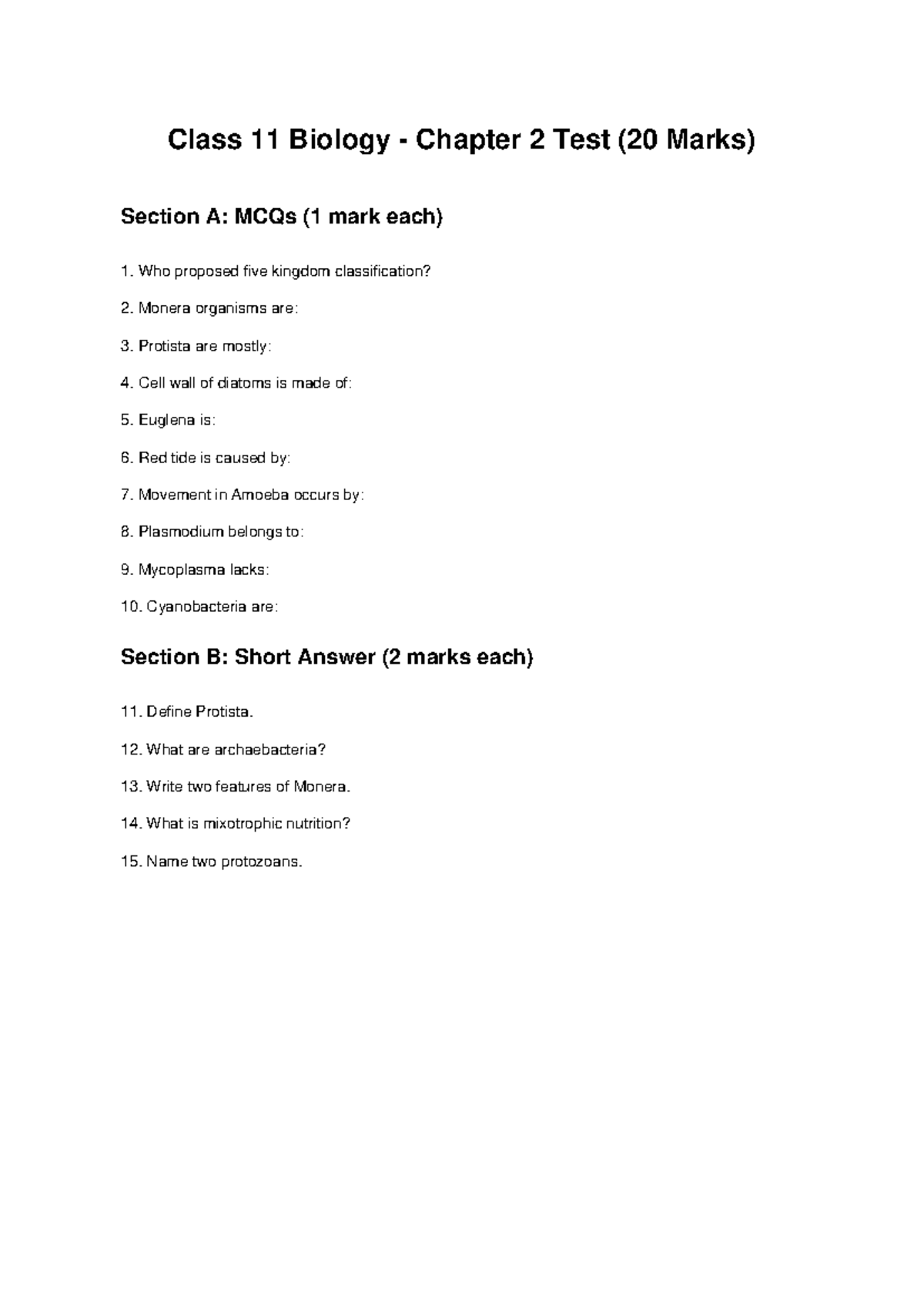 Class 11 Biology Chapter 2 Test (20 Marks) MCQs & Short Answers - Studocu