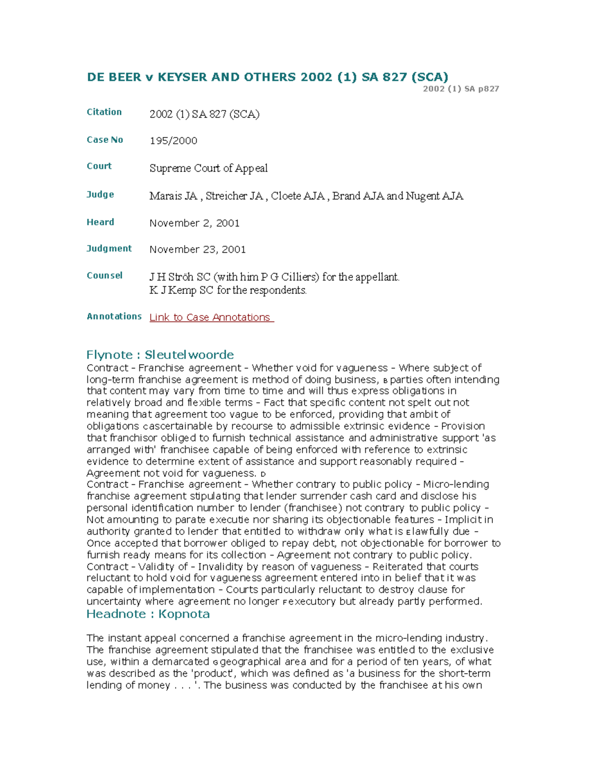 De Beer v Keyser & Others (2002) SCA Judgment on Franchise Agreement ...