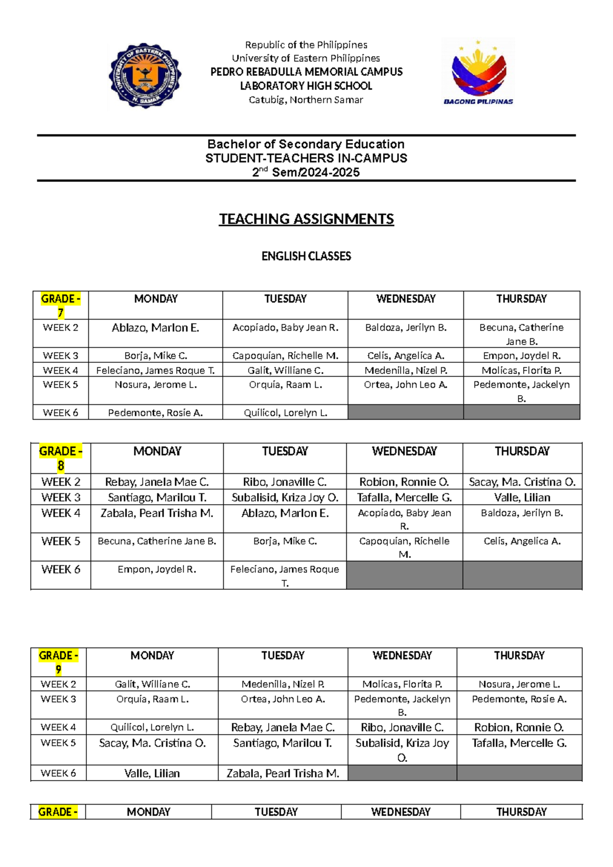 Teaching Assignments - Republic of the Philippines University of ...