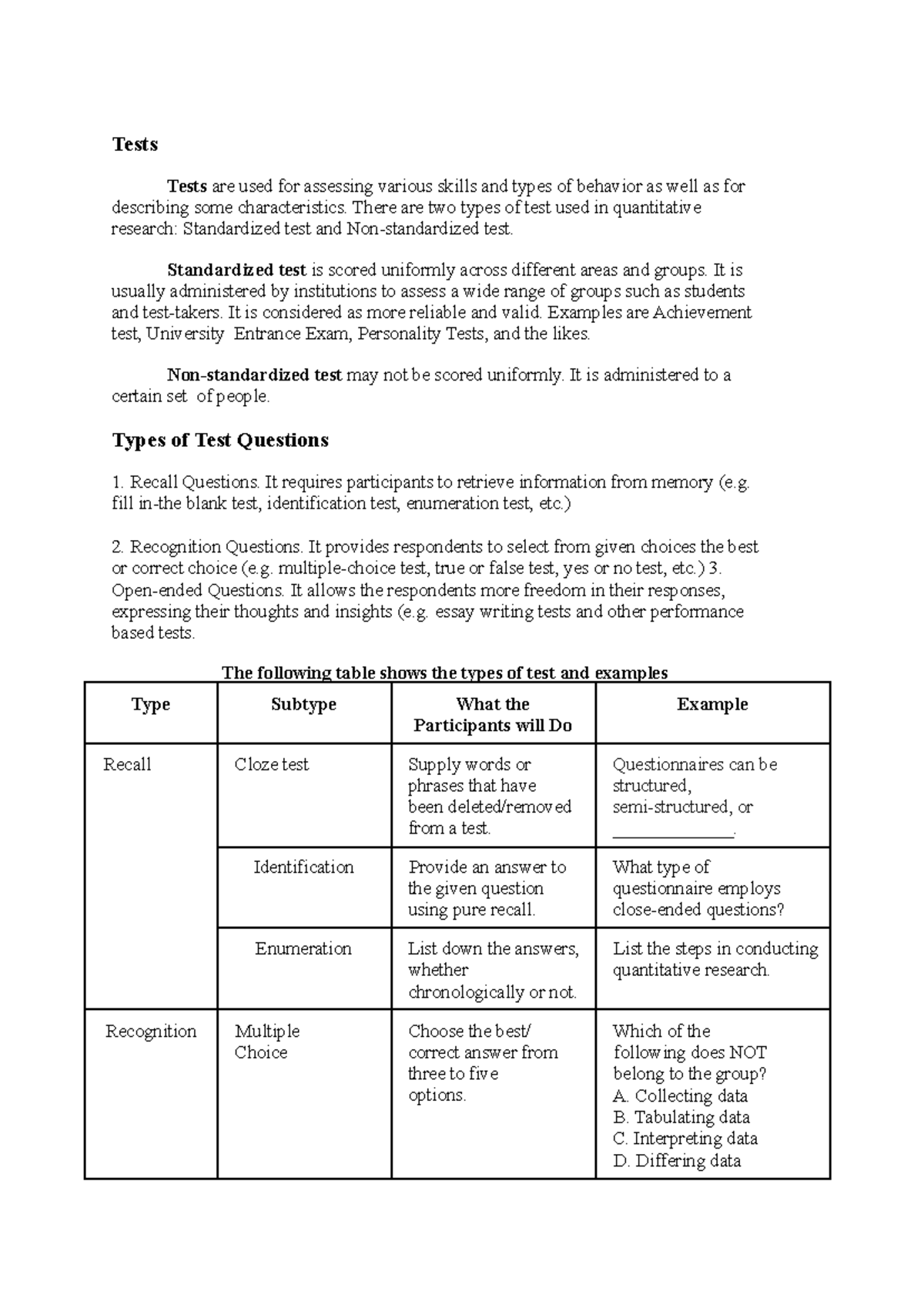 Practical Research 2 - Types of Test Questions - Tests Tests are used ...