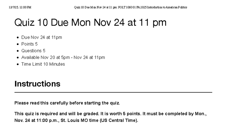 Quiz 10: POLT 1060 01 FA 2025 - Intro to American Politics Details ...