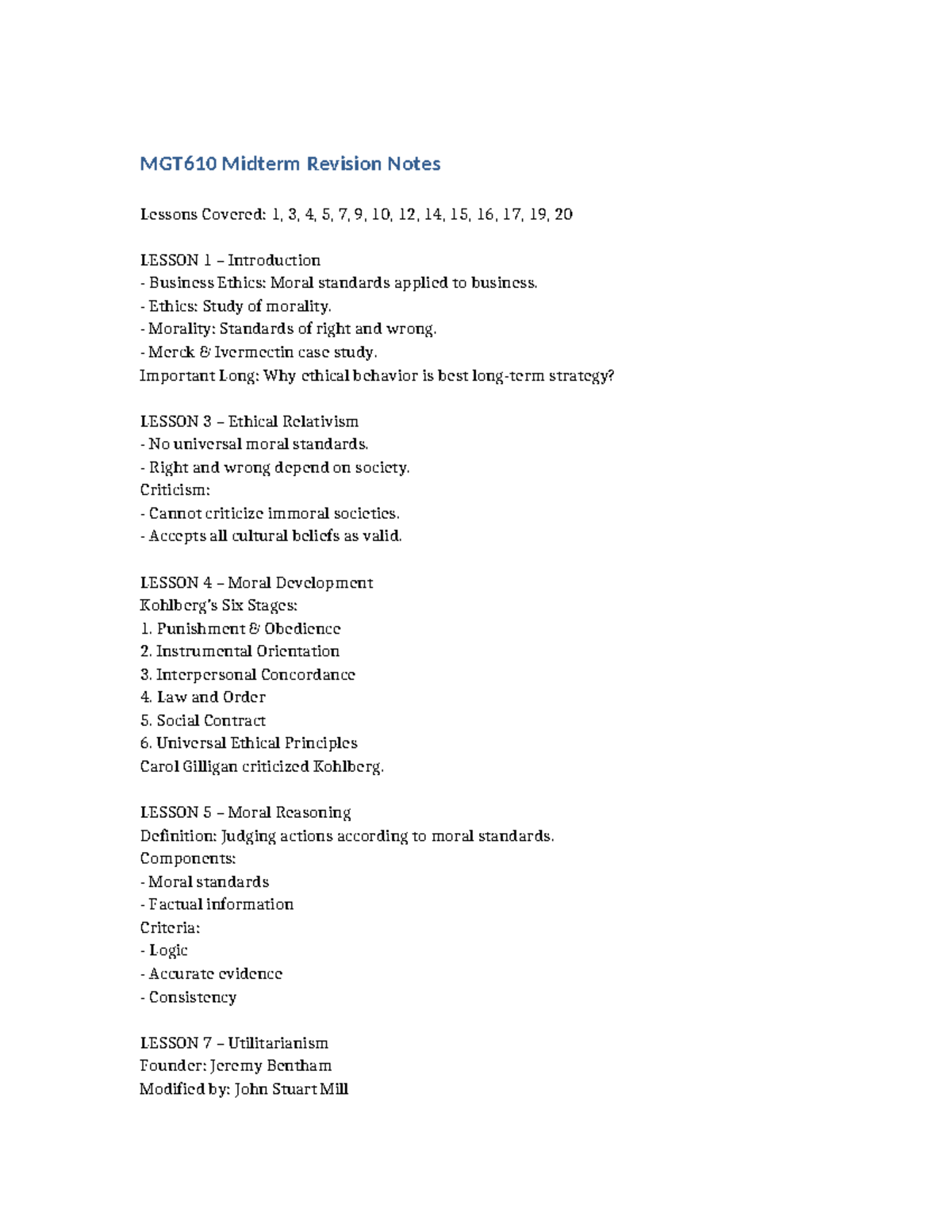 MGT610 Midterm Revision Notes: Key Lessons on Business Ethics - Studocu