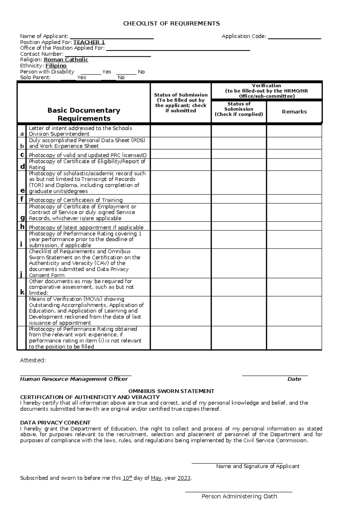 Teacher 1 Application Requirements Checklist - Omnibus Format - Studocu