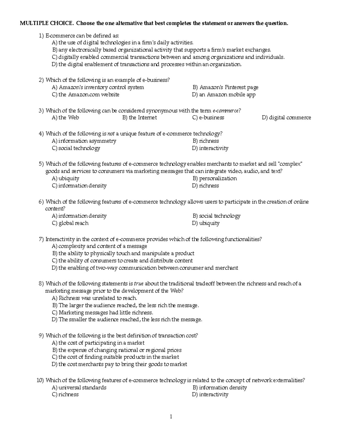 Quiz Chap 1 - e-Commerce - MULTIPLE CHOICE. Choose the one alternative ...
