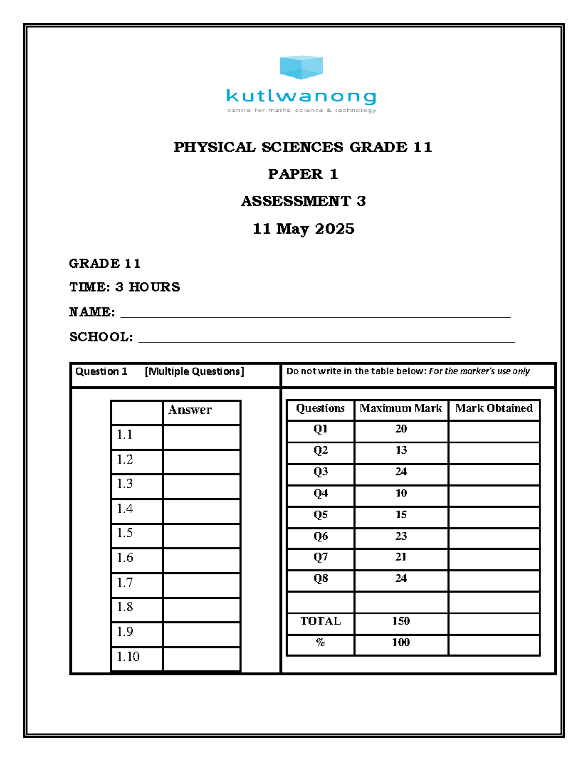 Promaths Grade 11 Physical Sciences Assessment 3 Paper 1 - 11 May 2025 ...