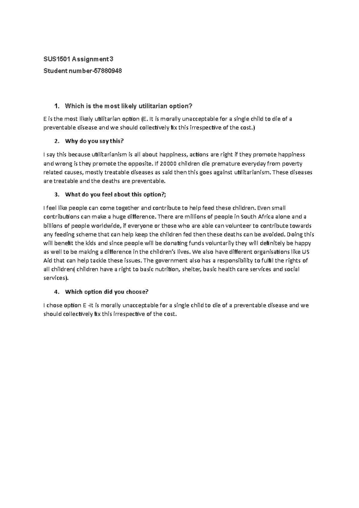 SUS1501 Assignment 3: Utilitarian Approach to Child Health Issues - Studocu