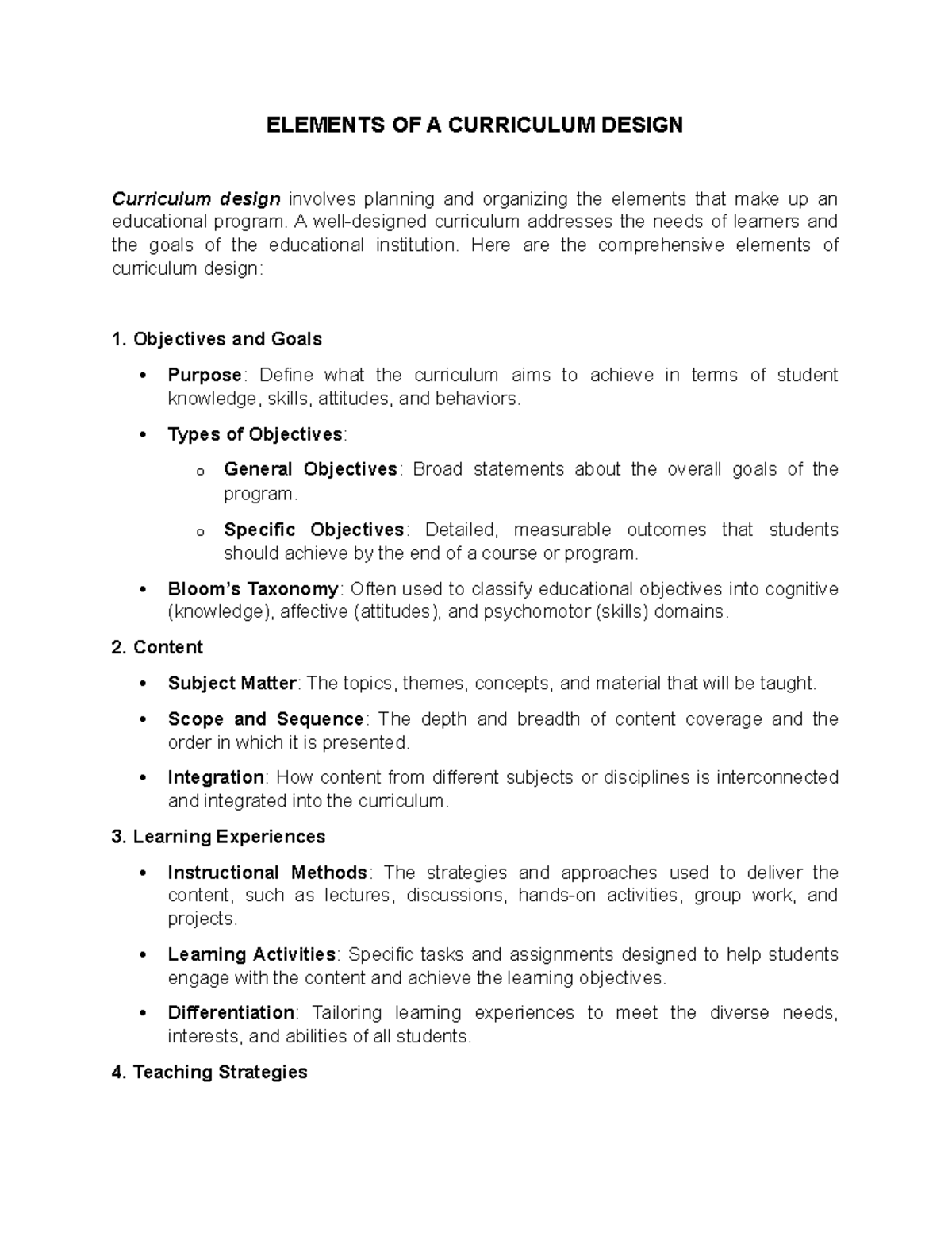 Comprehensive Elements of Curriculum Design: Understanding Key ...