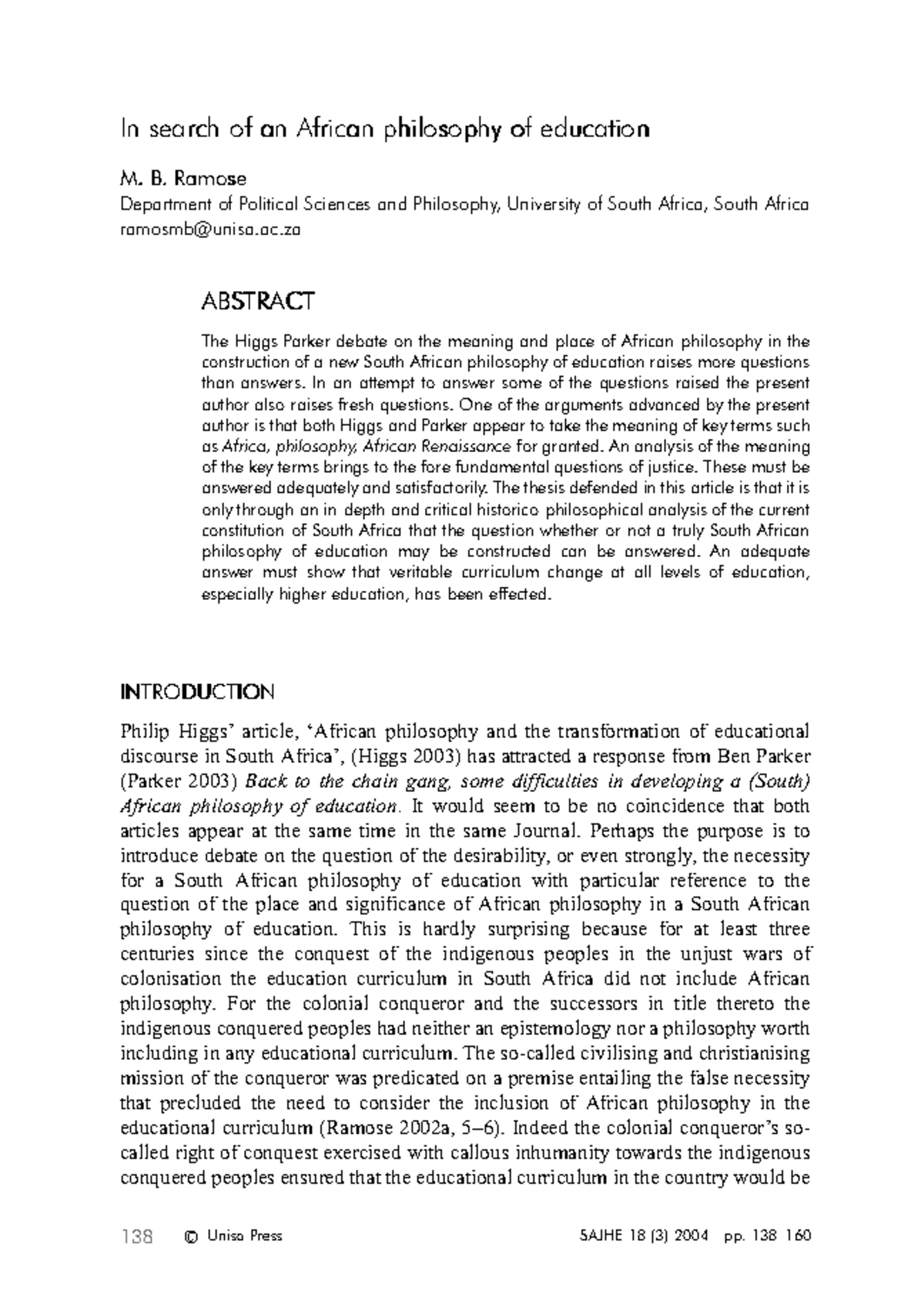 In Search of an African Philosophy of Education: A Critical Analysis ...