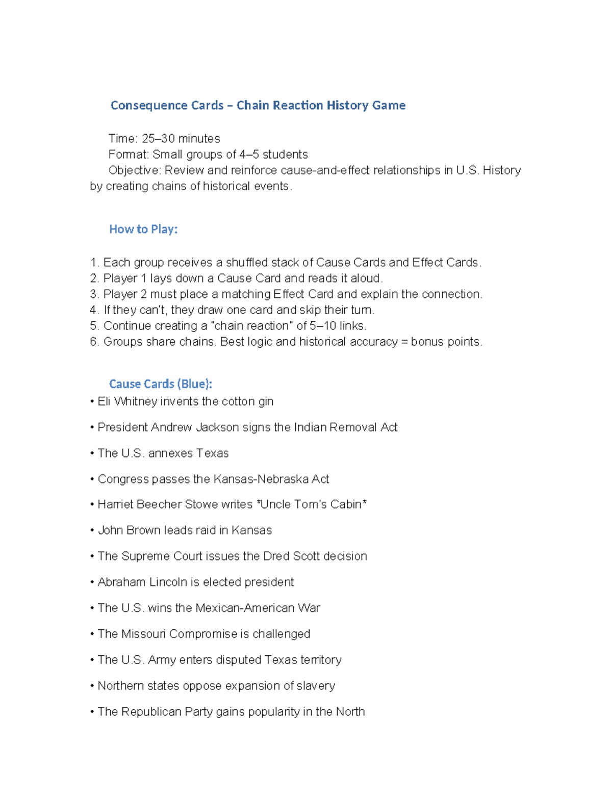 Consequence Cards Chain Reaction Game: U.S. History Review Activity ...