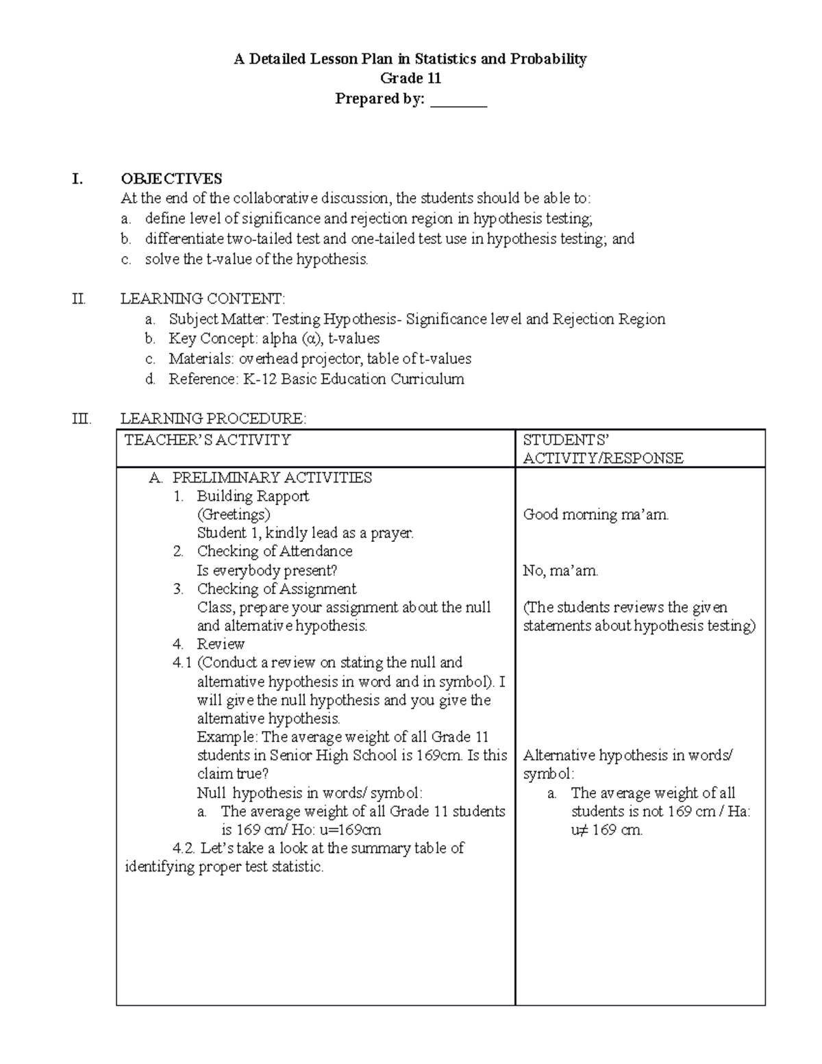 Grade 11 Detailed Lesson Plan: Hypothesis Testing in Stats & Prob ...