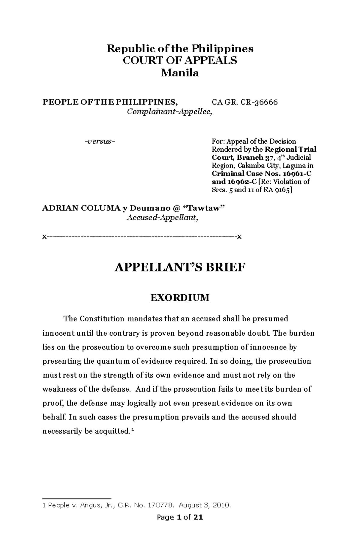 Appellate Brief on Criminal Case No. 16961-C: Evidence Review and ...