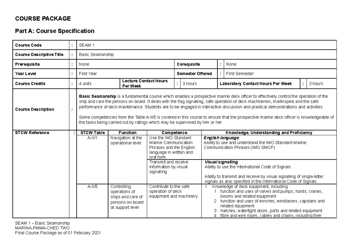 SEAM 1 - Basic Seamanship Course Package and Outline (2021) - Studocu