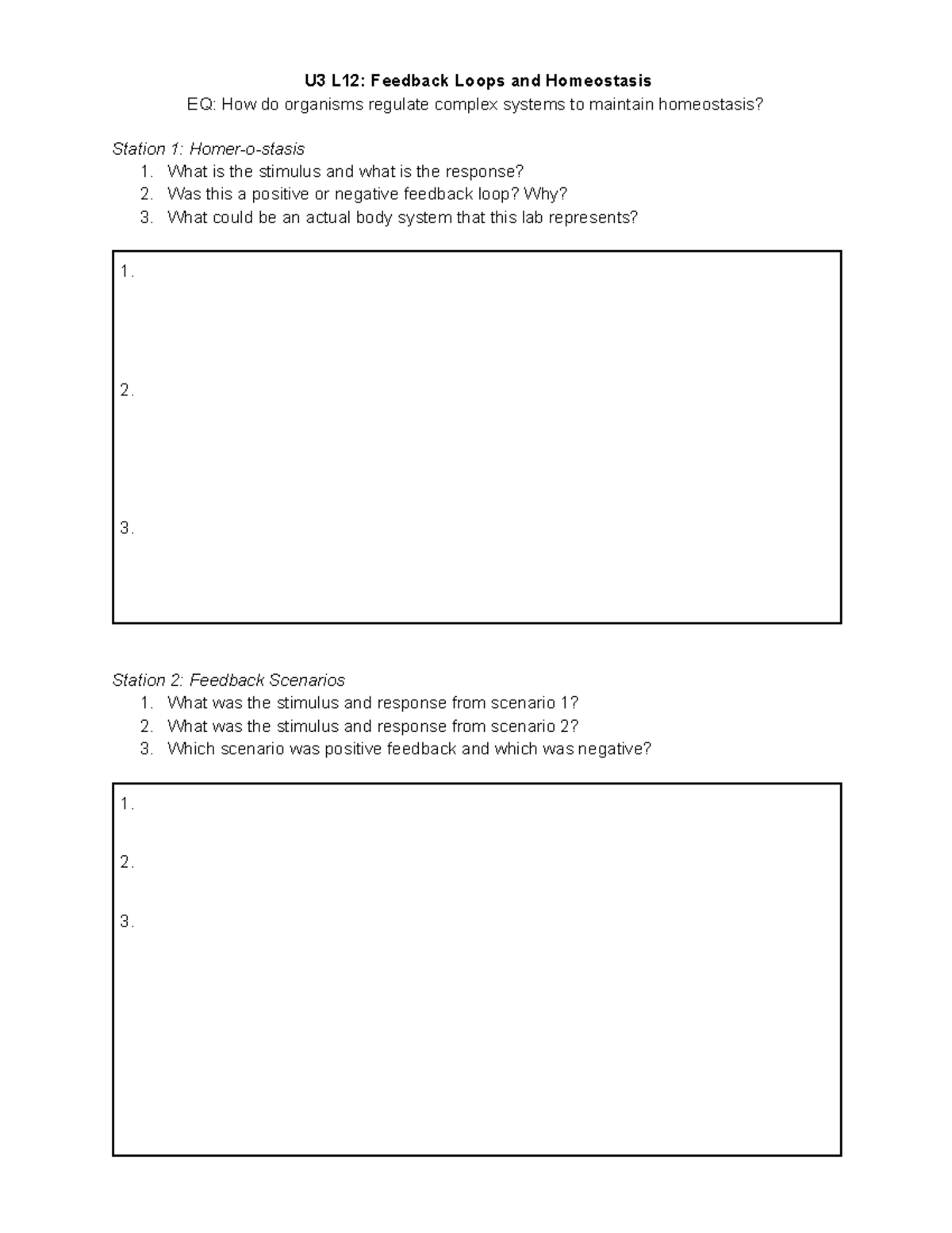 U3 L12: Feedback Loops and Homeostasis Lab Guide - U3 L12: Feedback ...
