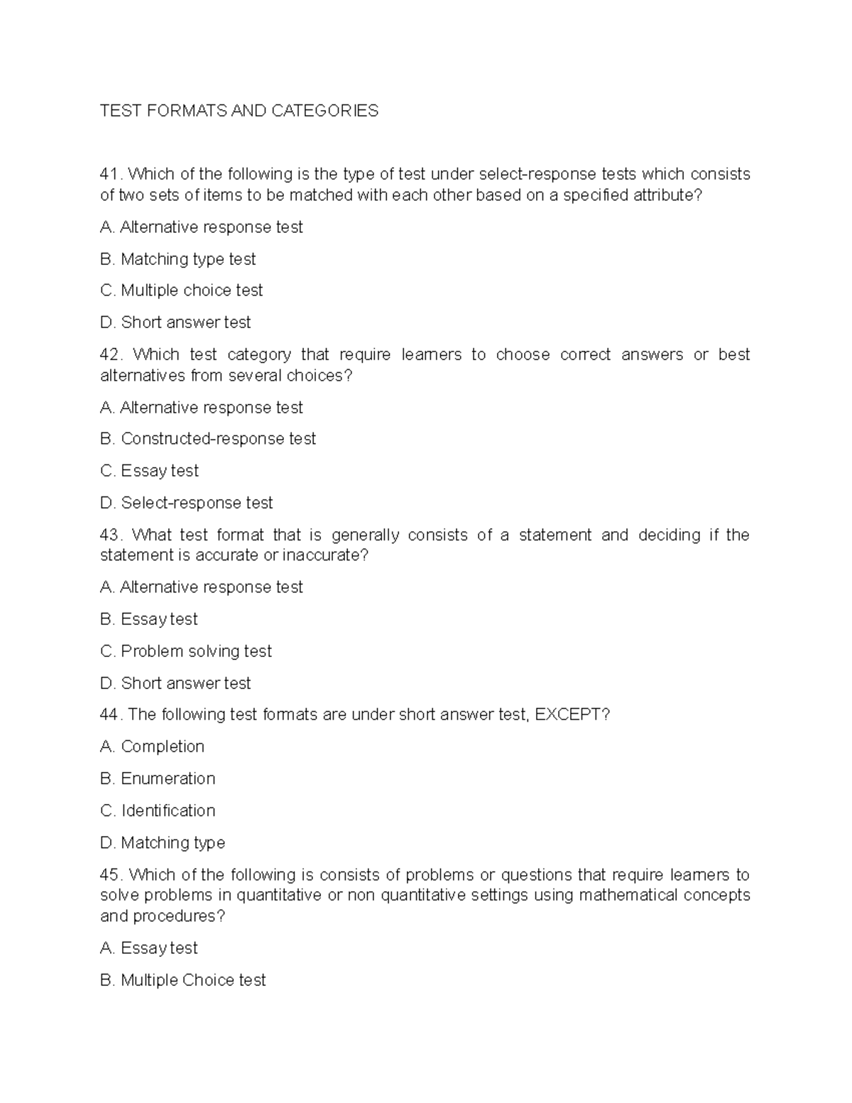 41-50 Questionnaire: Types & Formats of Educational Tests - Studocu