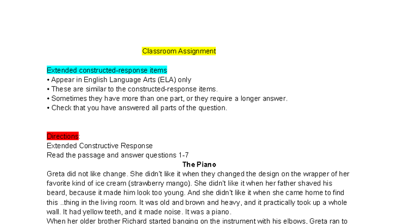 ELA 101 - Extended Constructive Response: The Piano Narrative ...