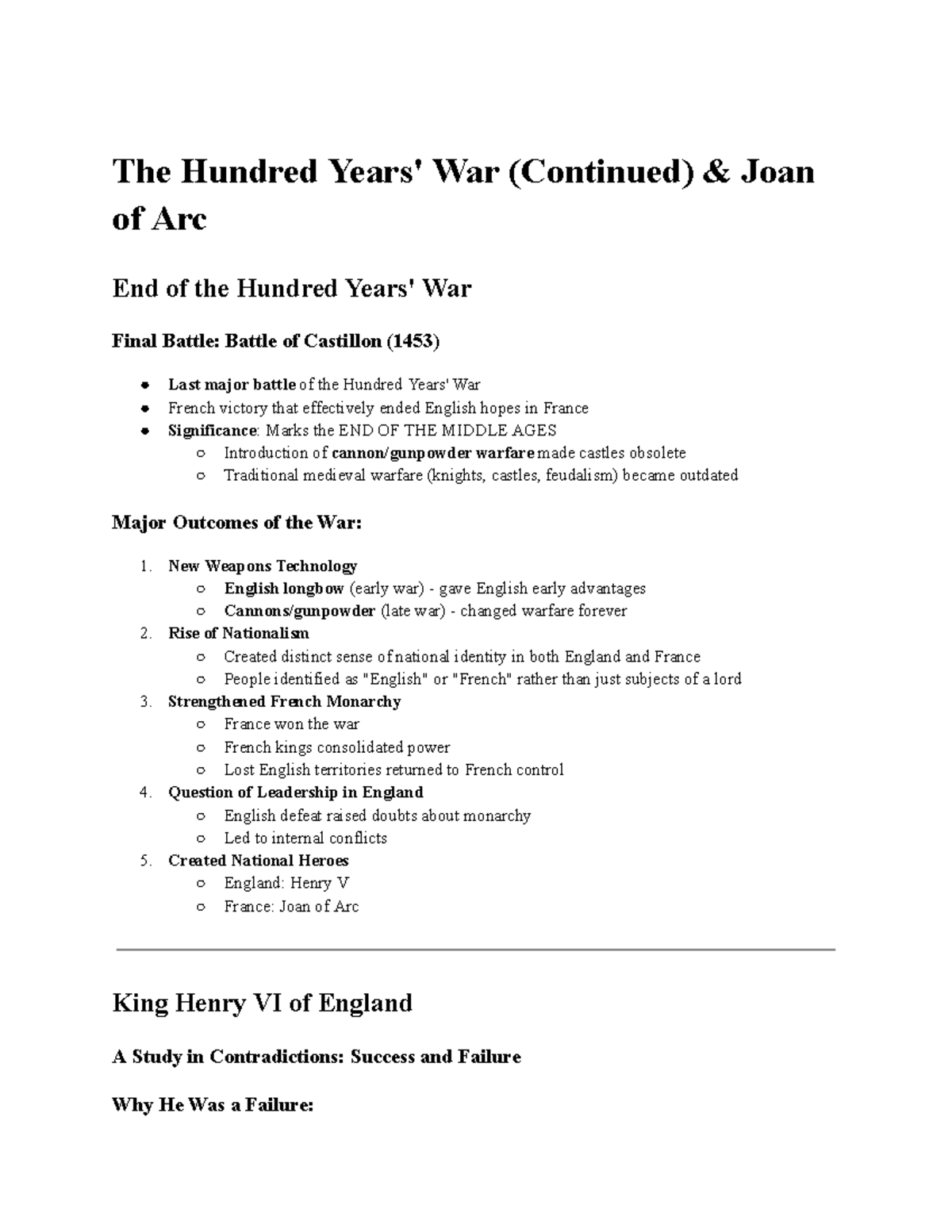 The Hundred Years' War (HIST 101): Joan of Arc's Impact & Legacy - Studocu