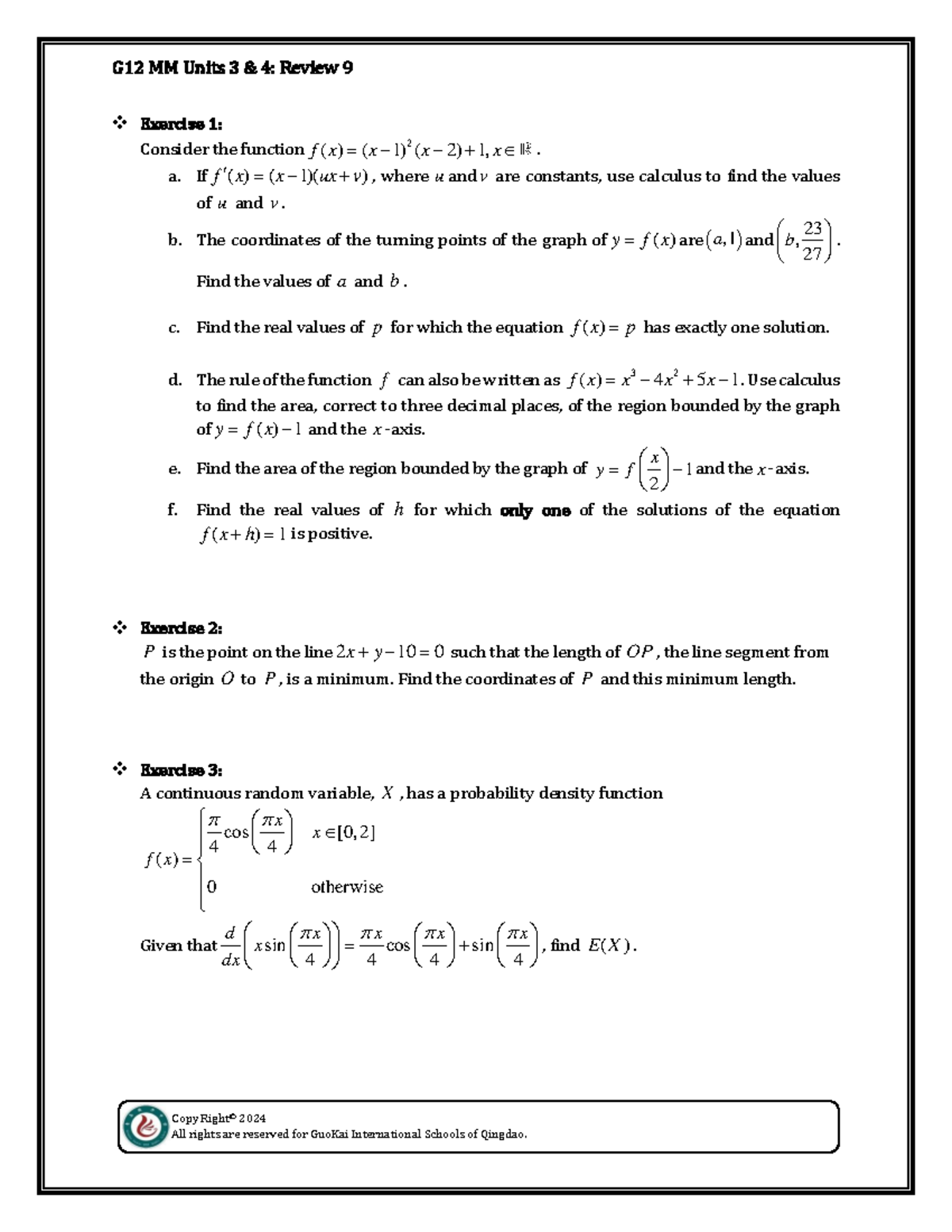 G12 MM Units 3 & 4: Calculus Review 9 Exercises and Solutions - Studocu