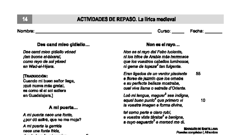 LIRICA - Actividades de Repaso sobre la Lírica Medieval - Studocu
