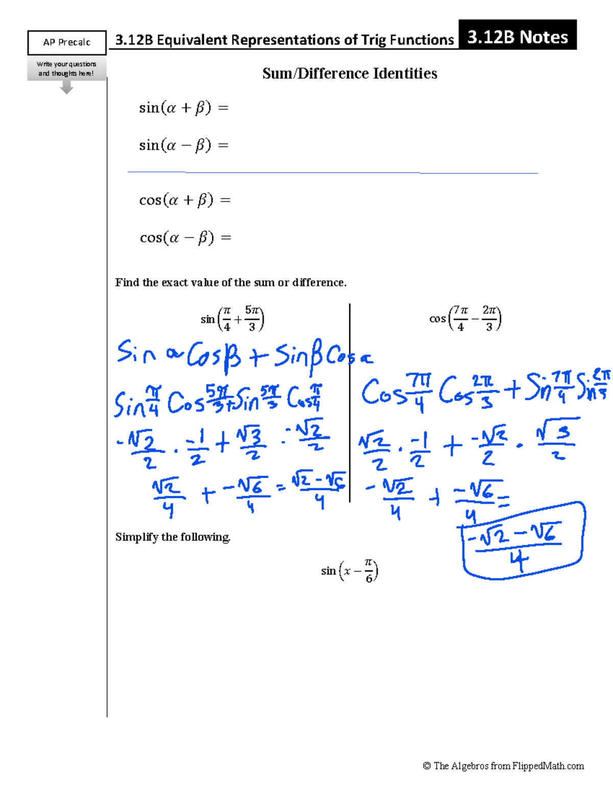 AP Precalc 3.12B Trig Functions: Equivalent Representations ...