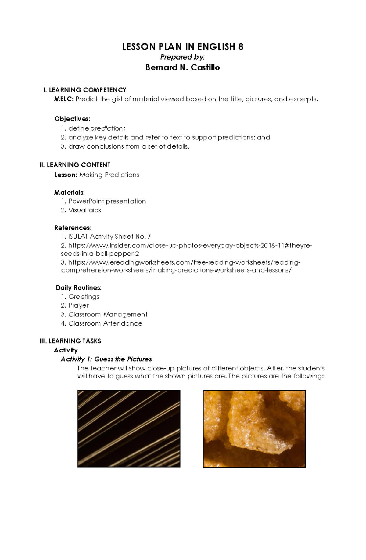 ENG8 Q2 L7 Lesson Plan: Making Predictions and Activities - Studocu