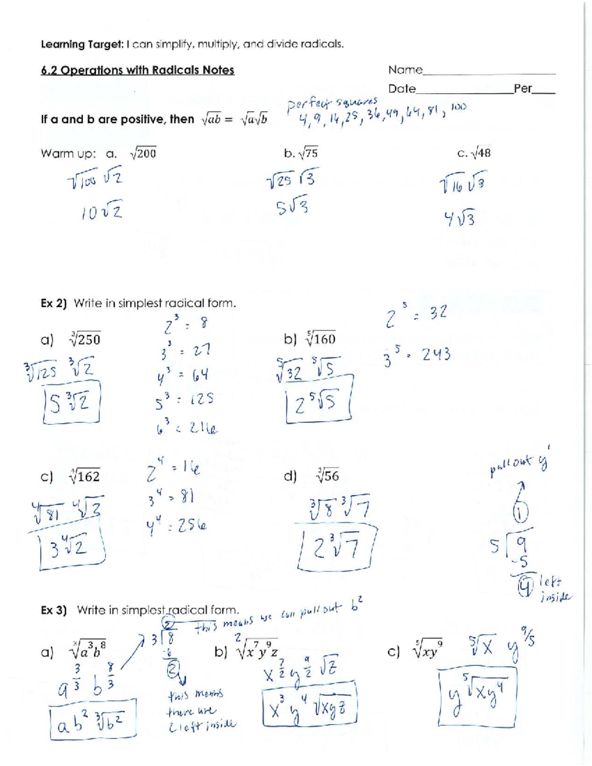 6.2 Operations with Radicals: Simplification and Multiplication Notes ...