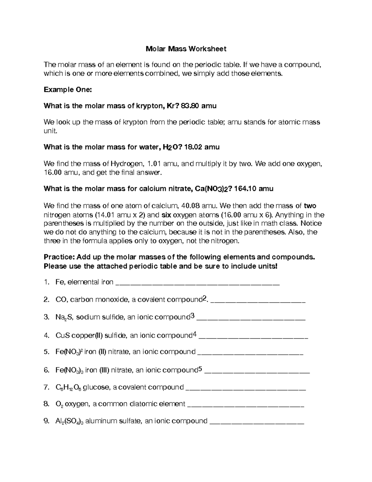 Molar Mass Worksheet - 6: Practice Problems and Examples - Studocu