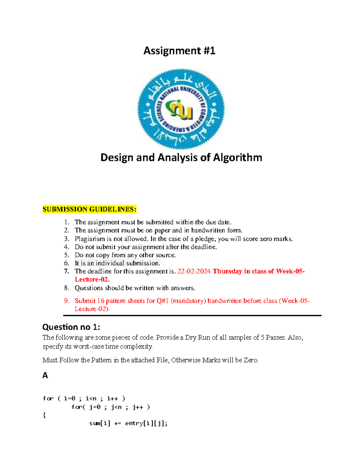 Spring 24-A1 - Assignment on Algorithm Design & Analysis - Studocu
