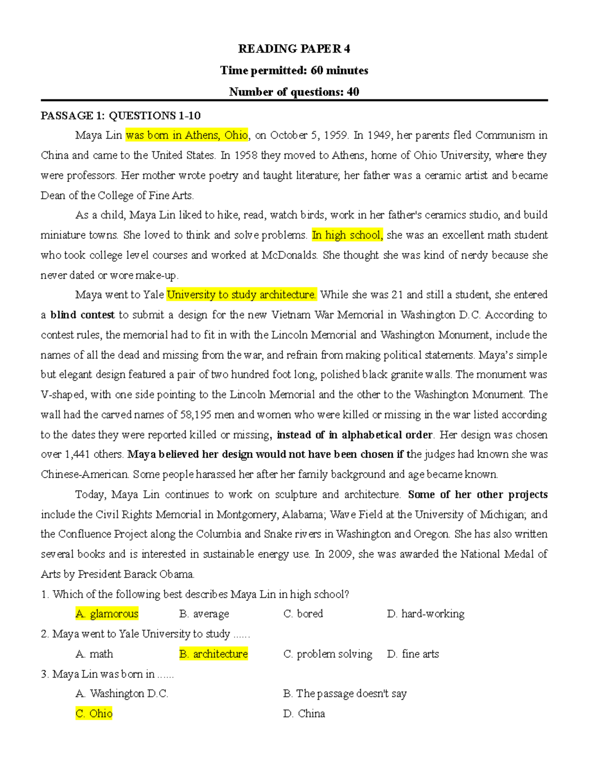 Maya Lin's Achievements and Related Questions - Reading Test 4 - Studocu
