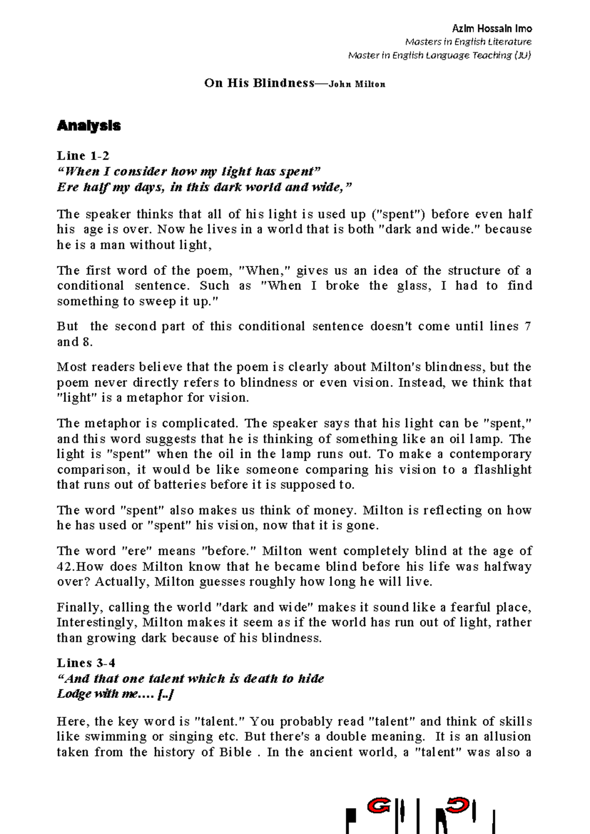 On his blindness - Masters in English Literature Master in English ...