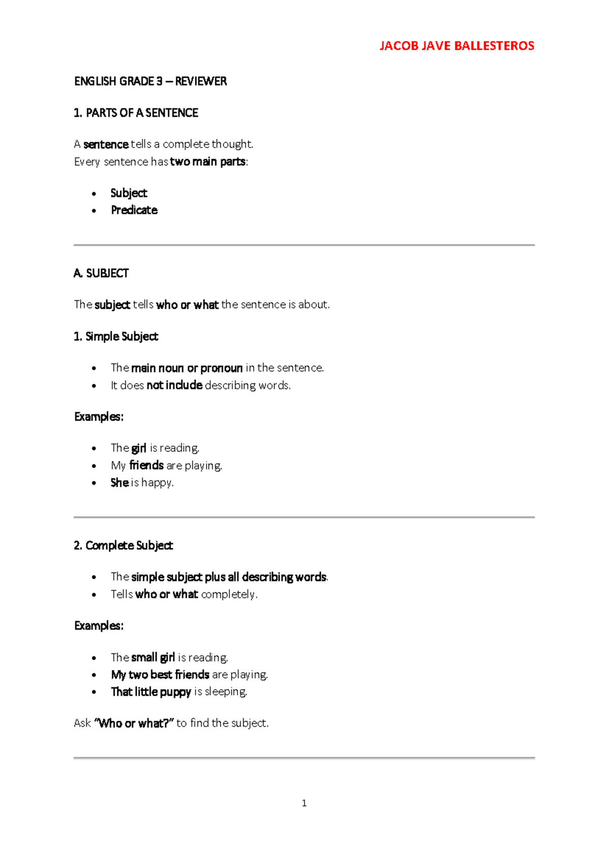 English Grade 3 - Reviewer: Parts of a Sentence & More - Studocu