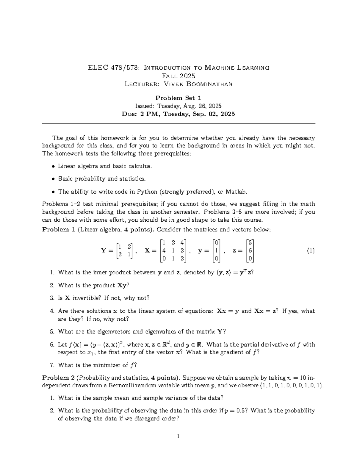 ELEC 2025: Intro to Machine Learning - Problem Set 1 - Studocu