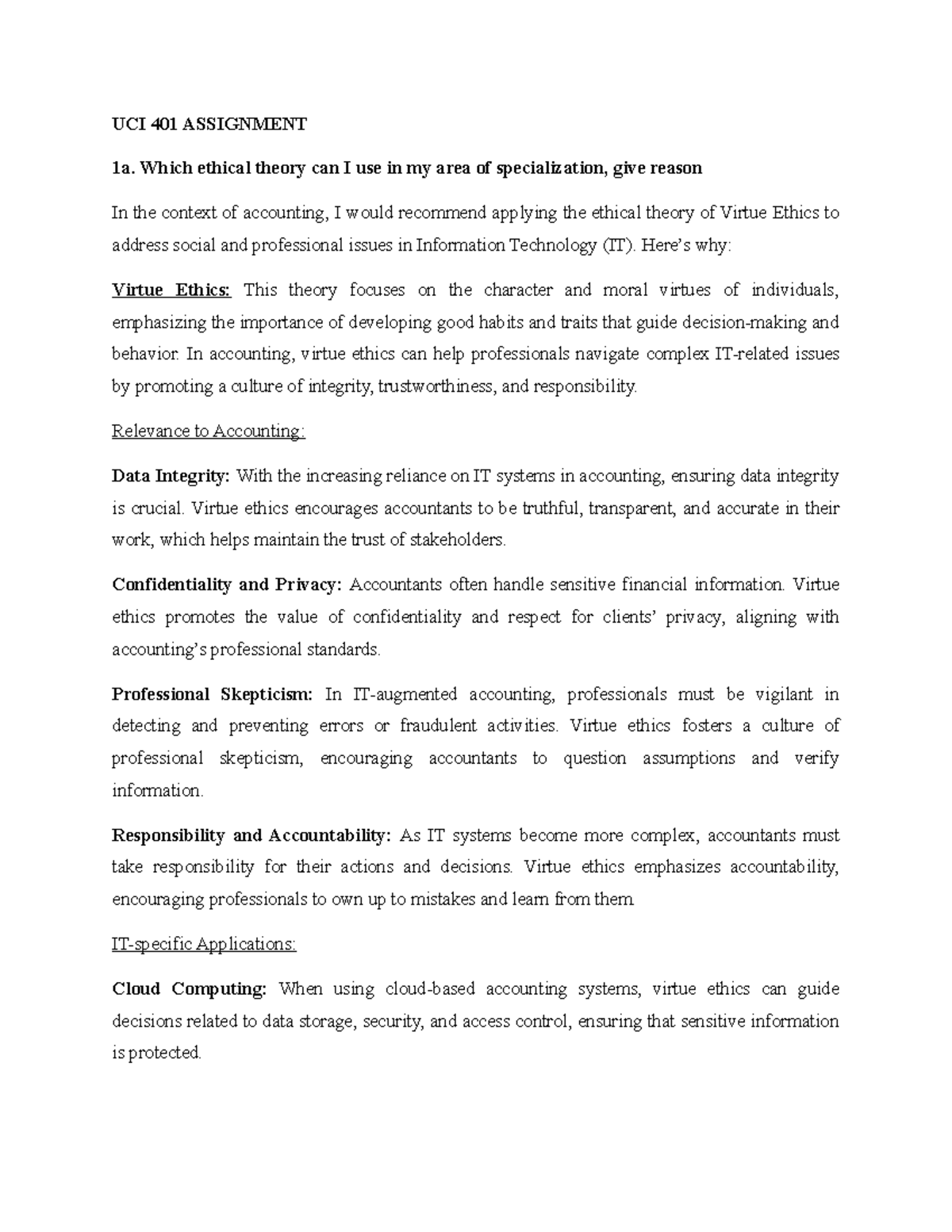 Social and Professional Issues in IT-UCI 401 Assignment - UCI 401 ...