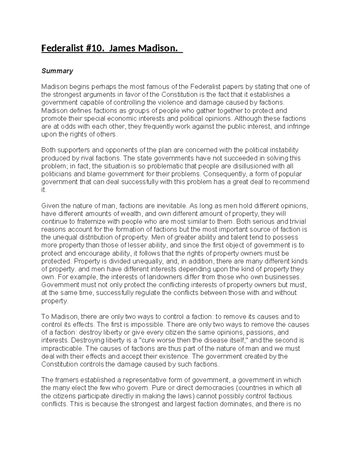 Federalist #10 Summary: Madison on Factions and Government Control ...