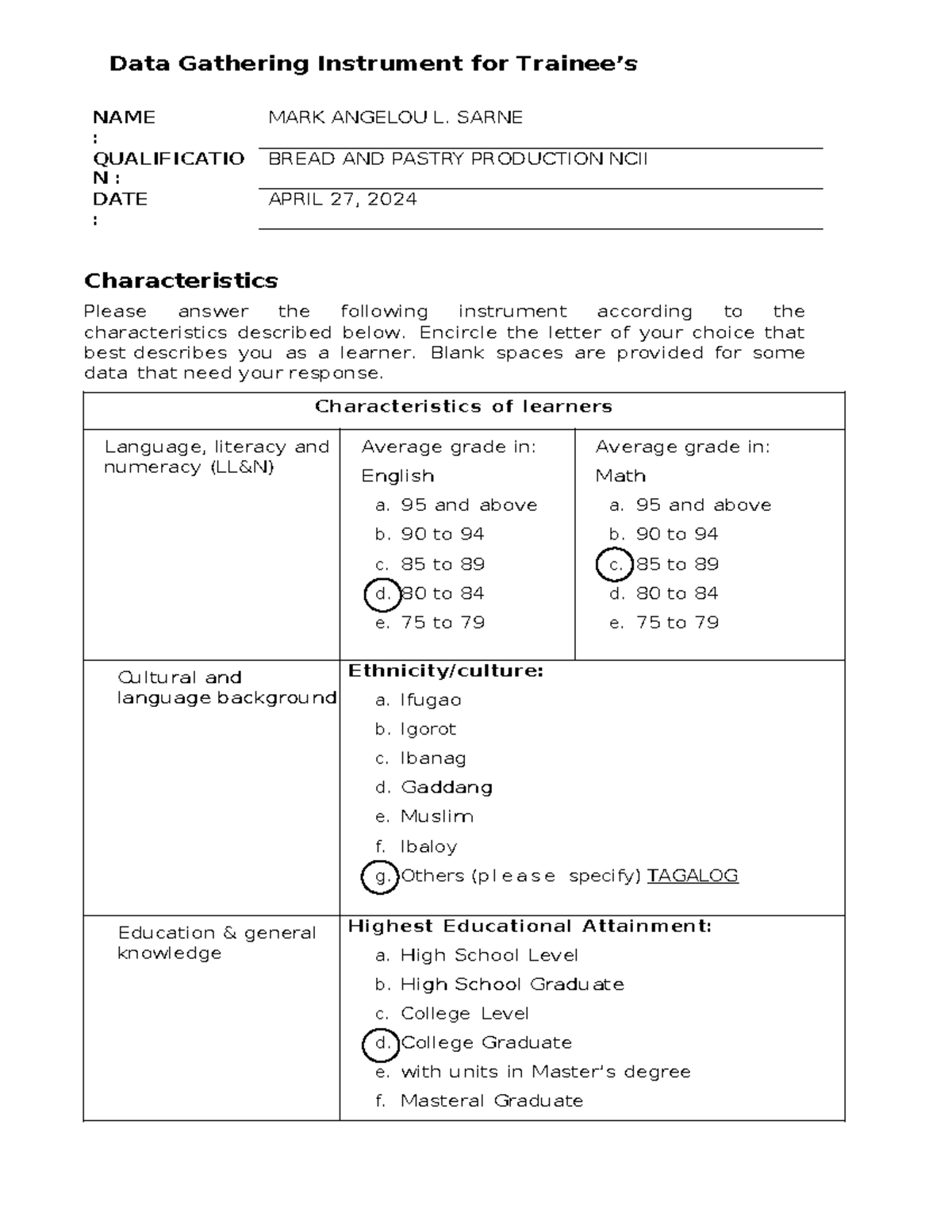 Data Gathering Instrument for Bread and Pastry Production NCII - Studocu