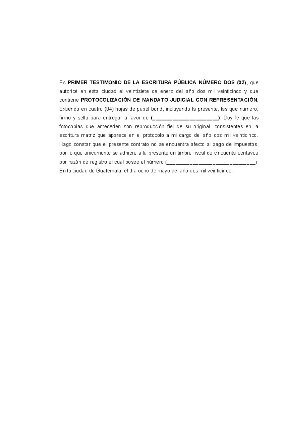 Modelo de Primer Testimonio de Escritura Pública N° 02 - Studocu