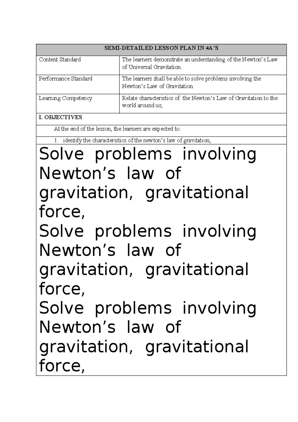 LP 0 - DEMO: Semi-Detailed Lesson Plan on Universal Gravitation - Studocu