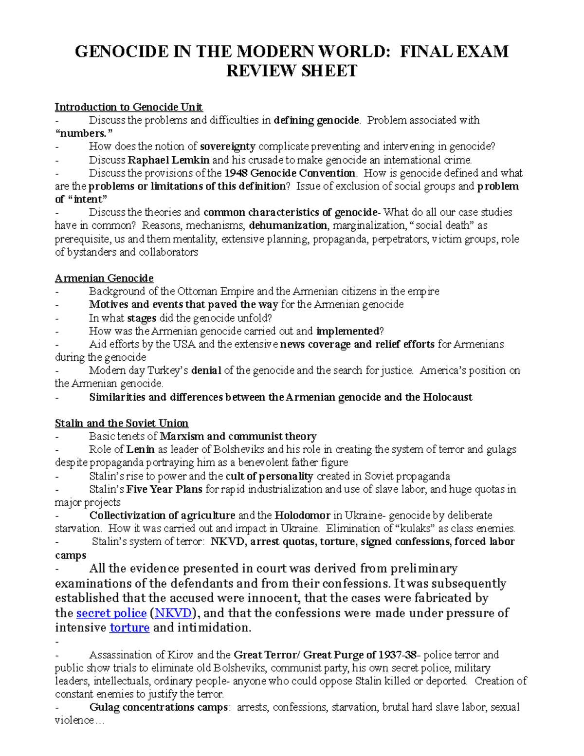 Genocide Review Sheet-1 - GENOCIDE IN THE MODERN WORLD: FINAL EXAM ...