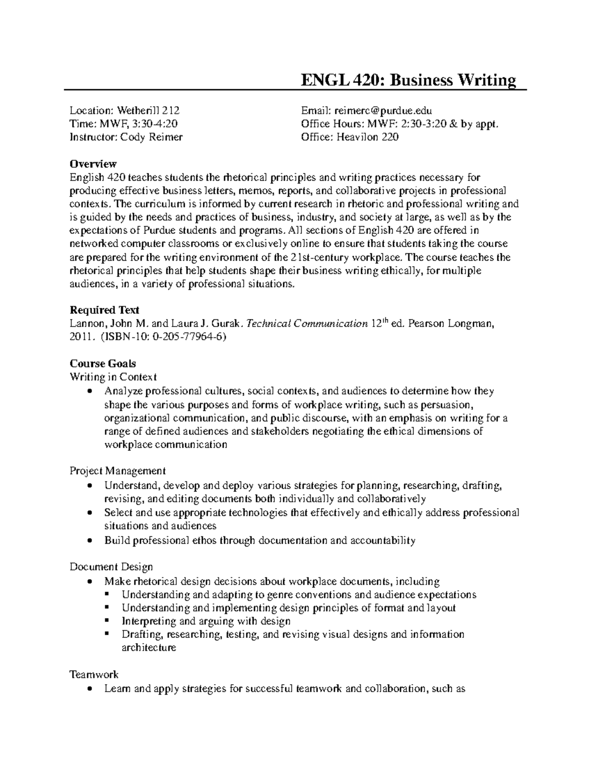 ENGL 420: Syllabus for Business Writing Course (Spring 2023) - Studocu